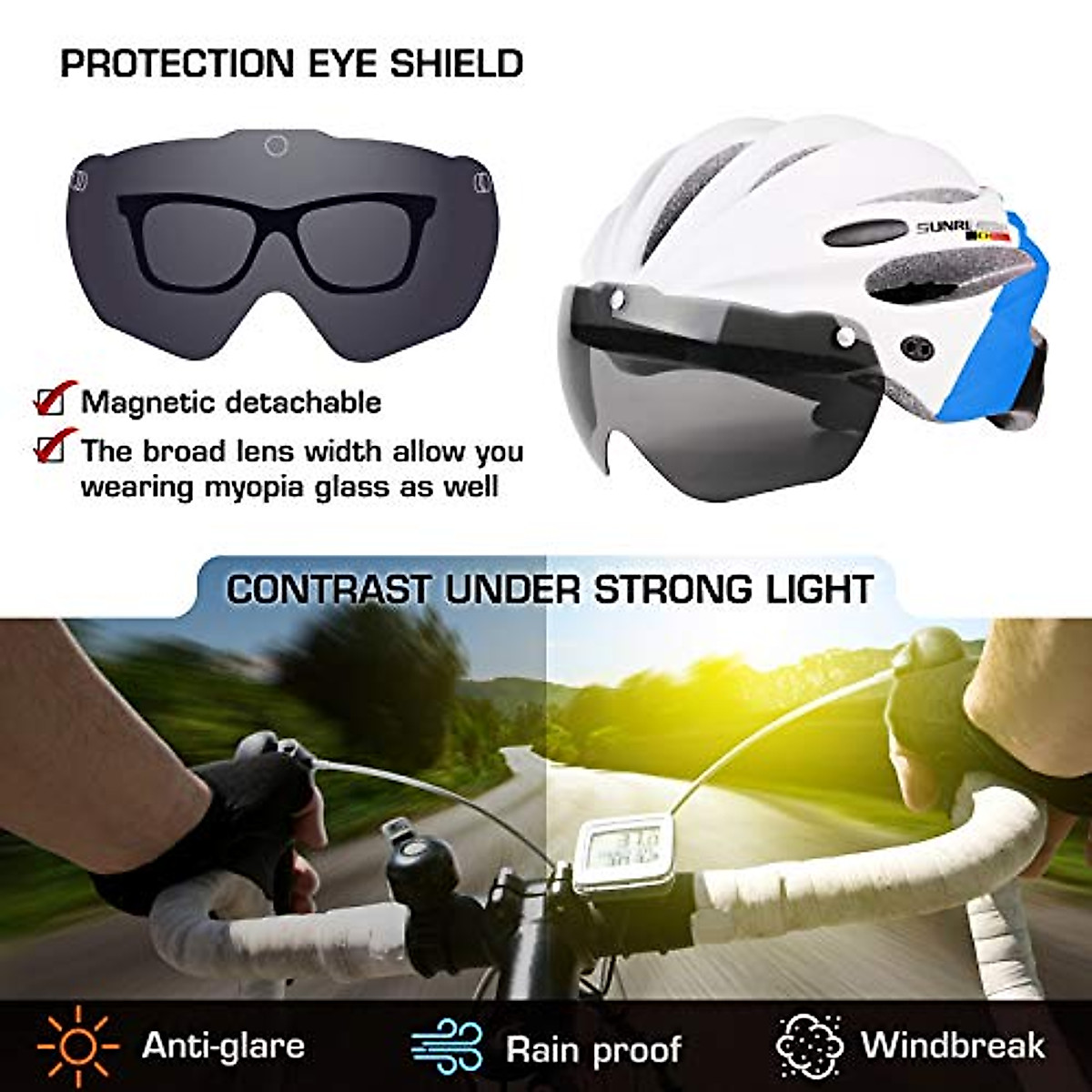 ELLOLLA Adult Bike Helmet with Removable Goggles Visor, Adjustable Size Lightweight Bicycle Helmet for Men Women Mountain & Road Cycling (Matt Blue&White)