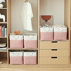 AUSSIY Cube Storage Bin, Collapsible Fabric Storage Bins With Handles, For Clothes Storage, Toys, Book , 13×13×13inches, Pack of 6 (White Pink)