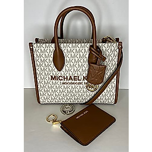 Michael Kors Mirella Small Shopper Top Zip Bag bundled SM TZ Coinpouch Purse Hook (Vanilla/Luggage)