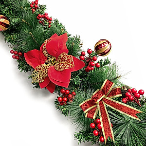 Timer & 8 Modes - 9 Ft Prelit Christmas Garland Decorations with 100 Lights 300 Branches 5 Poinsettias 4 Xmas Balls 18 Pinecones Needles 198 Berries Battery Operated Christmas Decoration Indoor Home