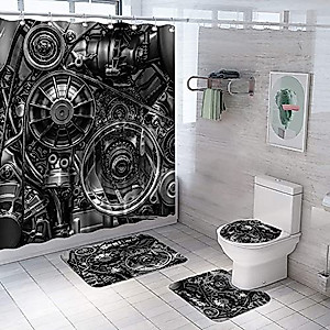 AtGoWac 4 Pieces Engine Shower Curtain Sets with Rugs, Black and White Man Cave Shower Curtain Set of 4 Piece, Men's Bathroom Decor