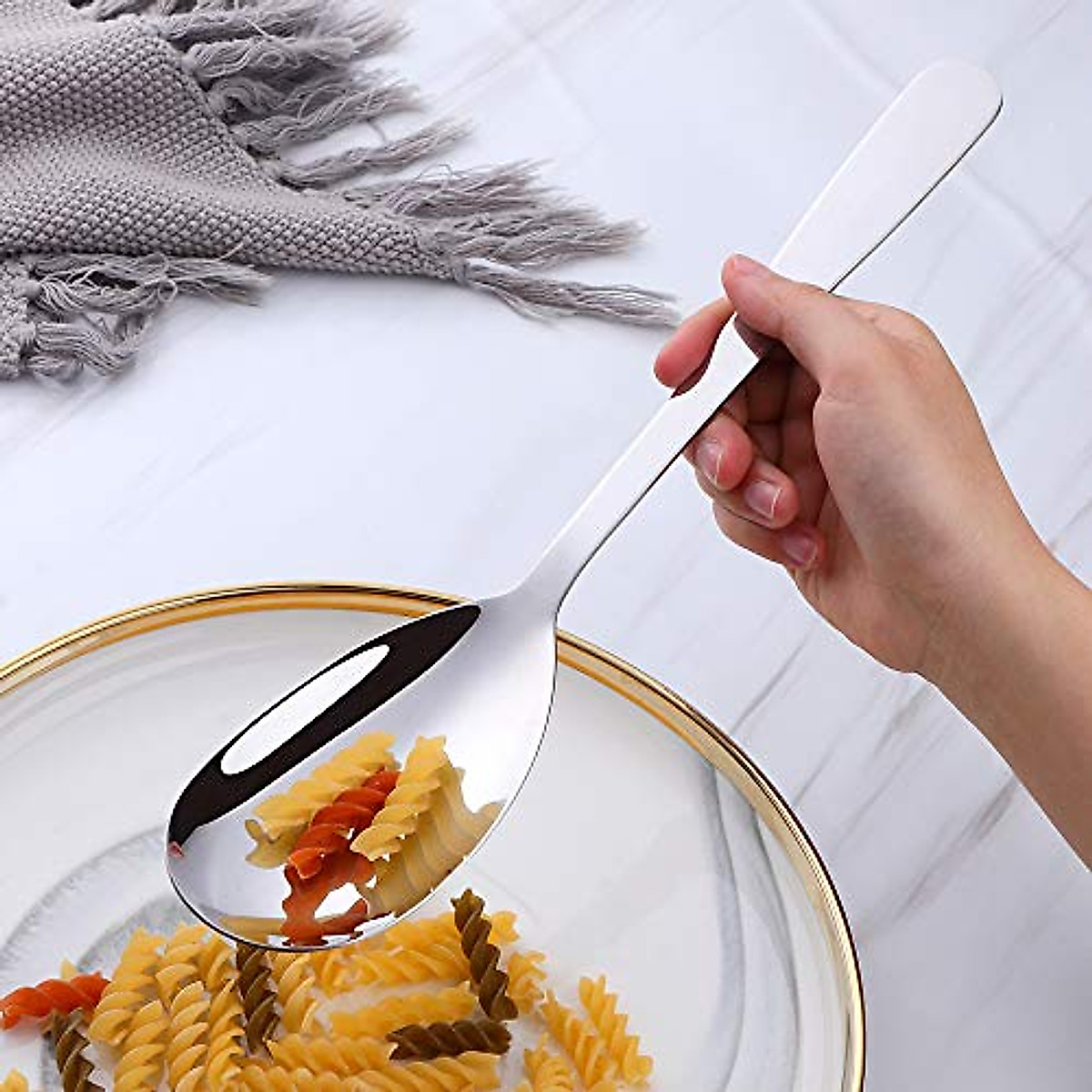 Mingcheng 12 Inches Stainless Steel Salad Server Sets with Salad Spoon and Fork, Cooking Utensils for Kitchen, Simple and Classic Dishwasher Safe(Silver)