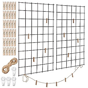 elkayconcepts Wire Wall Grid Panel, Set of 2 with Accessories, Photo Grid, Polaroid Hanging Metal Grid Wall Decor, Wire Wall Grid Organizer, Above Desk Wall Organizer (Black, 25" x 17")