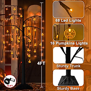 TURNMEON 5 Feet Lighted Halloween Tree Decor with Timer,108 LED Black Scary Willow Tree Purple Lighted 24 Spiders Ornaments Halloween Decorations Outdoor Indoor Holiday Home Yard Garden(Adapter/Timer)