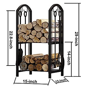 Fire Beauty Fireplace Firewood Log Rack 5-Piece Storage Logs Holder with Tools Set with 4 Tools Set Fireside Holders Wood Lumber Storage Stacking Black