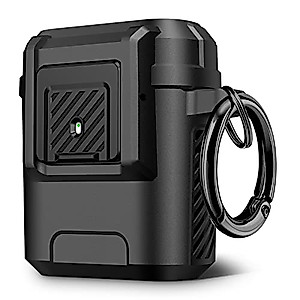 Youtec Compatible with Airpods 2&1 Case Cover with Cleaner Kit, Military Hard Shockproof Airpods Case Cover Protective Case with Automatic Secure Lock & Keychain（10 in 1） (Black-1)
