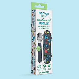 Bentgo® Kids Stainless Steel Utensil Set - Reusable Fork, Spoon & Storage Case - High-Grade BPA-Free Stainless Steel, Easy-Grip Handles, Dishwasher Safe for School Lunch, Travel & Outdoors (Dinosaur)