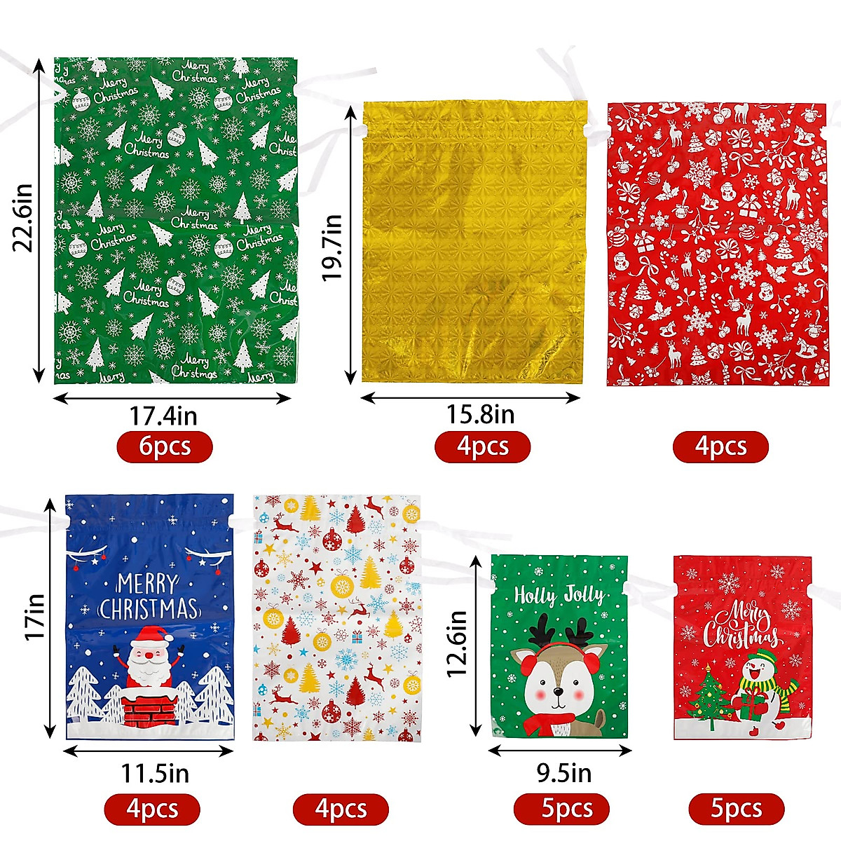 Superlele Christmas Drawstring Gift Bags 32pcs Assorted Sizes Christmas Bags Foil Wrapping Sacks Pouches Santa Goody Bags in 4 Sizes and 7 Designs for Xmas Holiday Presents Party Favor