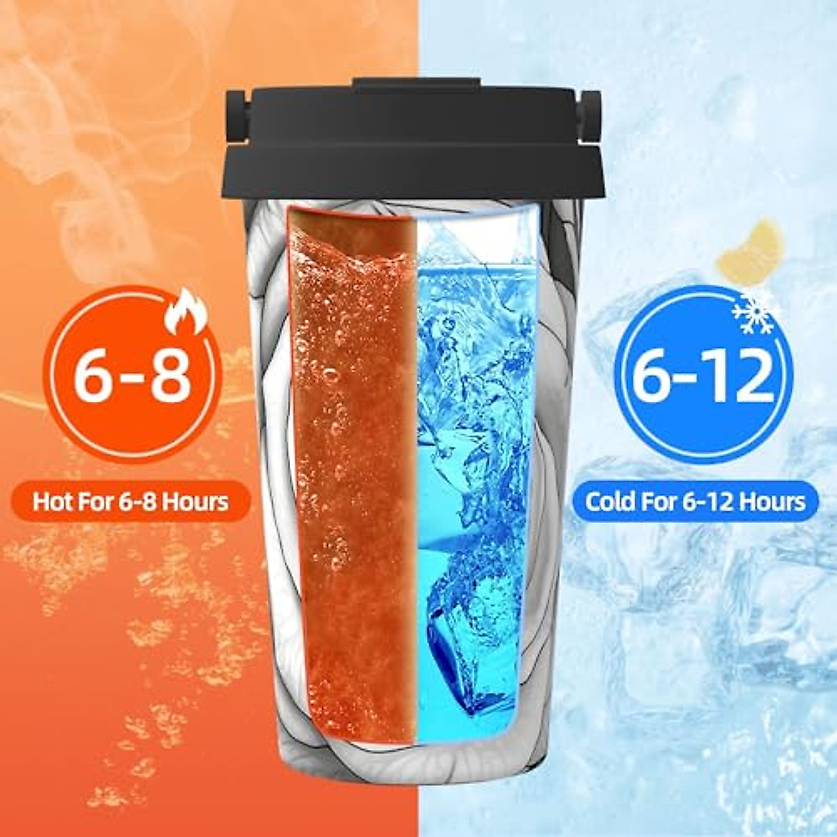 GTKSYNVE Reusable Coffee Mug with Lid and Handle, Black White Rose Tumbler for Hot & Cold Drinks 16oz Stainless Steel Insulated Coffee Tumblers Double Wall Vacuum Thermal Cup