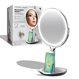 Sharper Image® SpaStudio™ 8” Vanity Mirror - Wireless Qi Charging Pad, Dimmable LED Halo Light Ring, 10X & 5X Magnification, Cosmetic Makeup Skincare Essential, Aesthetic Room Desk Decor Storage