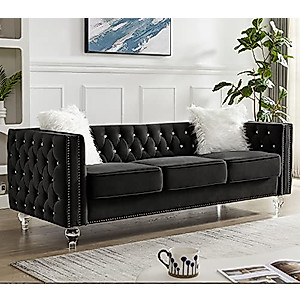 mikibama Velvet Sofa Couch 83 Inch Long Modern Sofa with Acrylic Legs and 2 Pillows, Jeweled Buttons Tufted Couch Modern Decor Furniture for Living Room, Bedroom (Black)