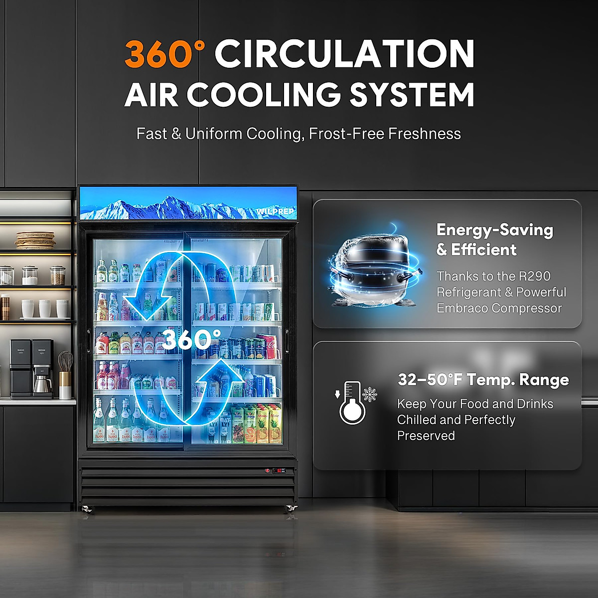 Wilprep Commercial Display Refrigerator, 35.1 cu ft 2 Sliding Door Merchandiser Refrigerator with LED Lights, 52.4 in Upright Beverage Cooler for Restaurant Retail Stores, ETL & ETL Sanitation Listed