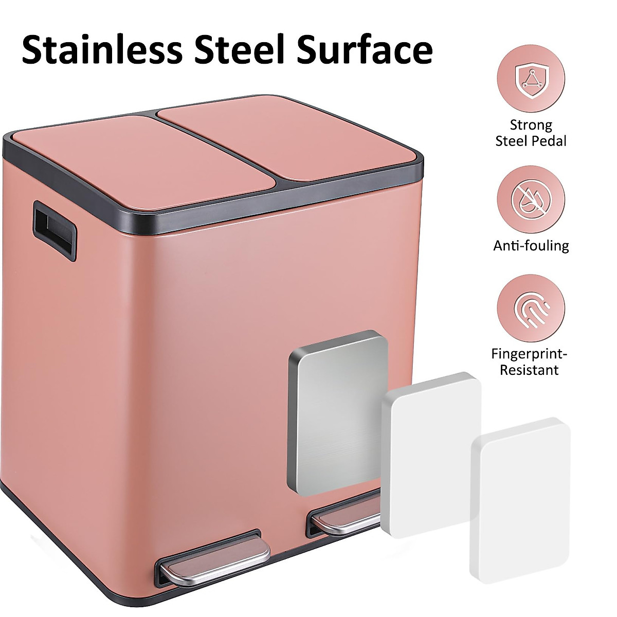 Arlopu 8 Gallon Dual Trash Can, 30L Stainless Steel Kitchen Garbage Can, Step-on Classified Recycle Garbage Bin with Removable Inner Buckets, for Kitchen, Living Room, Office (Pink)