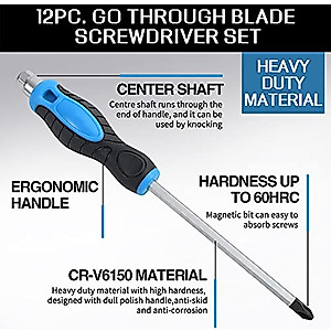12-Piece Through steel core Screwdriver Set,Go-thru Steel Blade High Torque for Fastening,Chiseling or Loosening Seized Screws,6Phillips&6Slotted Magnetic Bit,With Carry Case.Gifts for men