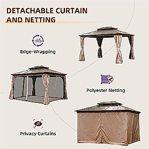 Evedy 10'x12' Hardtop Gazebo,Aluminum Gazebo Pavilion with Curtain and Net,Permanent Outdoor Gazebo with Polycarbonate Double Roof,for Garden, Patio, Lawns, Deck, Backyard-Brown