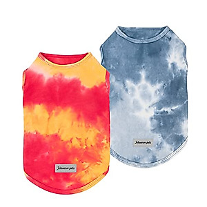 Fitwarm 2 Pack Tie Dye Dog Shirt, Summer Dog Clothes for Small Dogs Boy, Lightweight Pet Tshirt, Cat Outfit, 100% Breathable Cotton, Red, Yellow, Blue, XS