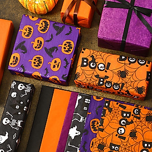 JUNEBRUSHS 90 Sheets Halloween Tissue Paper Black Orange Purple Wrapping Paper for Halloween DIY Crafts Fall Holiday Decoration Gift Packing 19.7 ×13.8 Inch