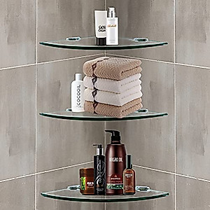 Corner Glass Shower Caddy 4 Pack 8MM-Thick Tempered Glass Shelf No Drilling Wall Mount Corner Mounted Shelves Space Saver Adhesive Bathroom Home Shelf Shampoo Holder Organizer Strong Adhesion