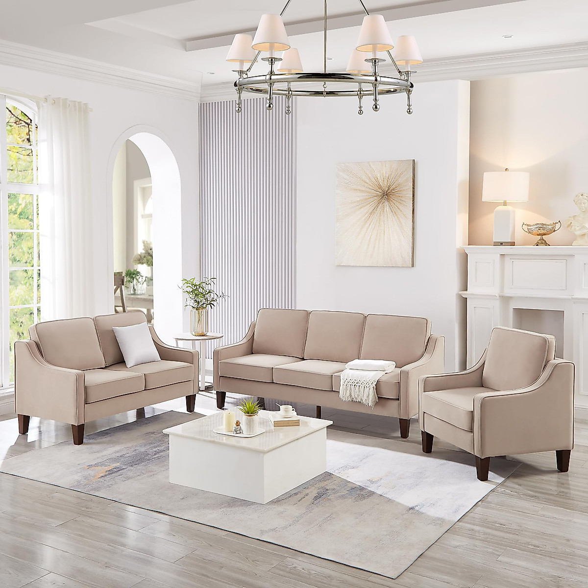 FAVSH Velvet Upholstered 3 Seats Sofa Couch with Wooden Legs and Removable Cushions for Livingroom,Apartment,Office,Taupe, 74" W