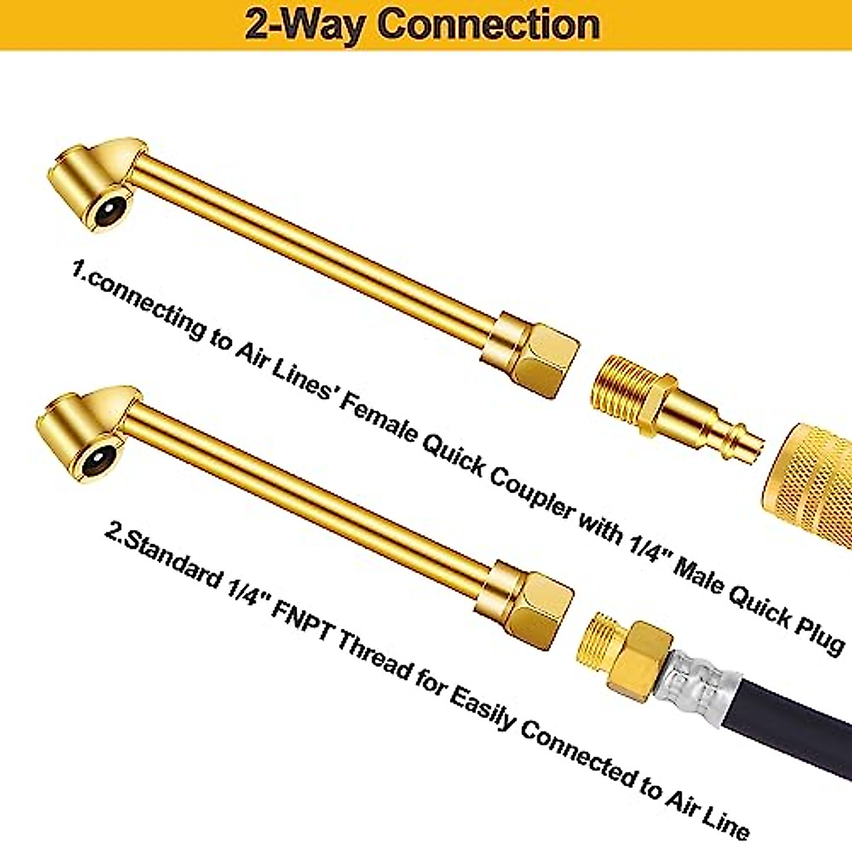 GODESON Heavy Duty Dual Head Air Chuck,Closed Ball Tire Chuck with 1/4 Inch Female NPT and Two Standard Male Quick Plug, Tire Air Fill Kit for Tire Inflator Gauge and Air Compressor