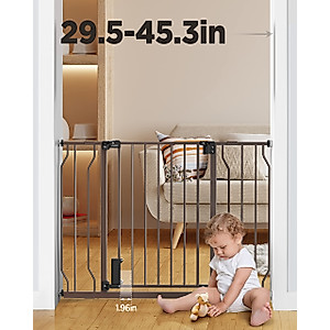 Ciays Baby Gate, 29.5” to 45.3” Dog Gate for Stairs Doorways and House, Auto-Close Safety Metal Child Gate for Babys Dogs with Alarm, Pressure Mounted, Brown