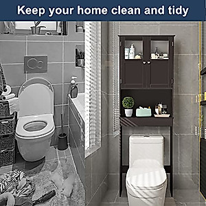 VINGLI Bathroom Over The Toilet Organizer Behind The Toilet Storage Organizer with Double Acrylic Glass Doors Adjustable Shelf Free Standing Wooden Space Saver Collect Home Furniture Decor