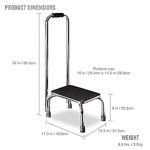DMI Step Stool with Handle and Non Skid Rubber Platform, Lightweight and Sturdy Stool for Seniors, Adults and Children, Holds up to 300 Pounds with 9.5 Inch Step Up, 17.3"D x 12.3"W x 34"H, Chrome