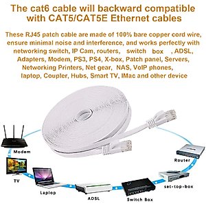 DAYEDZ Ethernet Cable 100 ft 2 Pack Cat 6 Flat Cable Ethernet Cord, Slim Long Cat6 High Speed Computer Router Network LAN Patch Wire with Clips & Rj45,Faster Than Cat5e/Cat5,100 feet White+Black