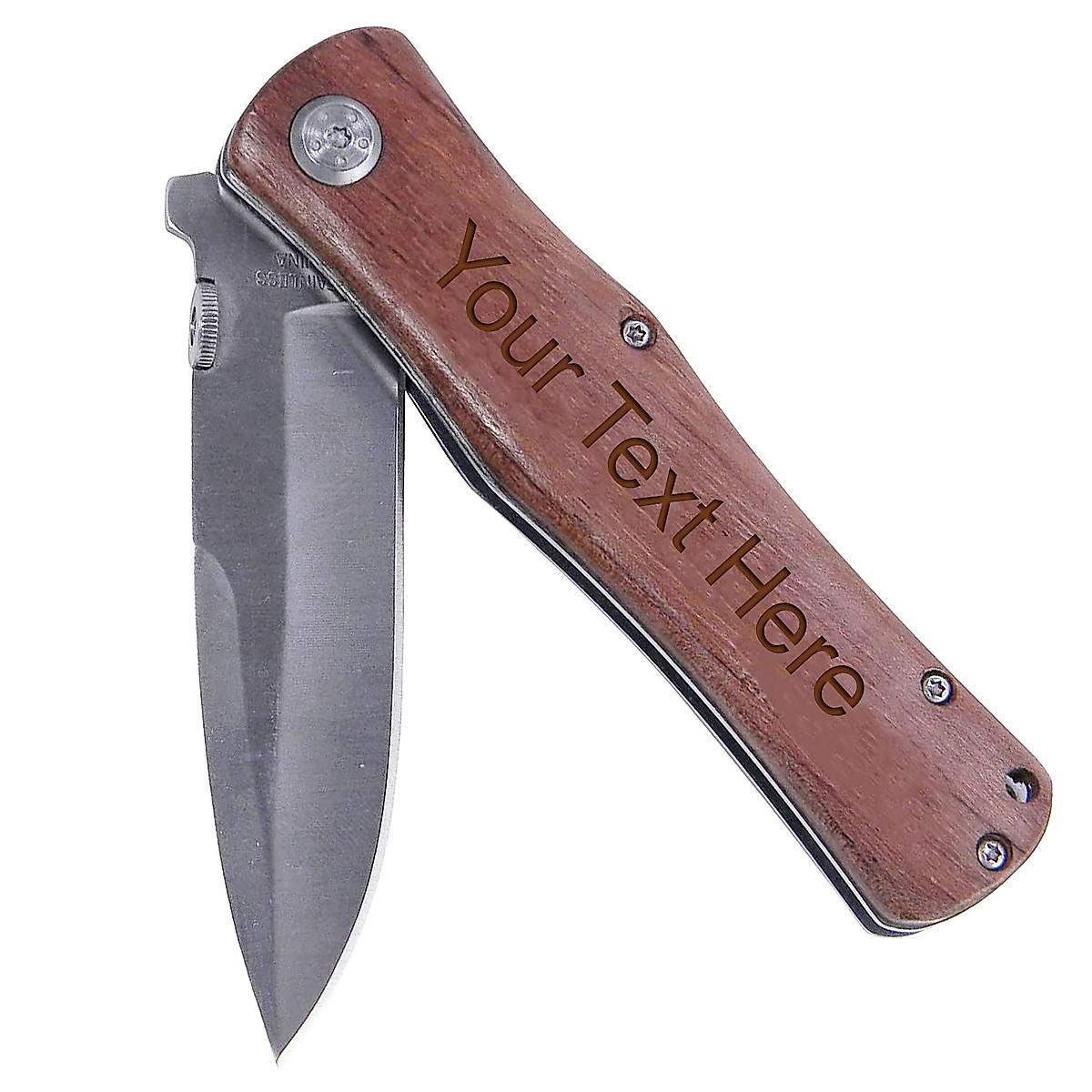 Personalized Add Your Custom-Made Text Folding Aluminum Engraved Name Customized Pocket Hunting Personal Knife with Pocket Clip (Wood Handle)