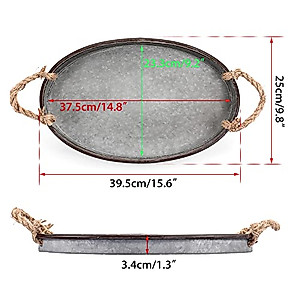 Hipiwe Galvanized Metal Iron Oval Tray with Rope Handle Farmhouse Serving Tray Rustic Industrial Decorative Centerpiece for Coffee Table Weddings and Parties Decor, Large