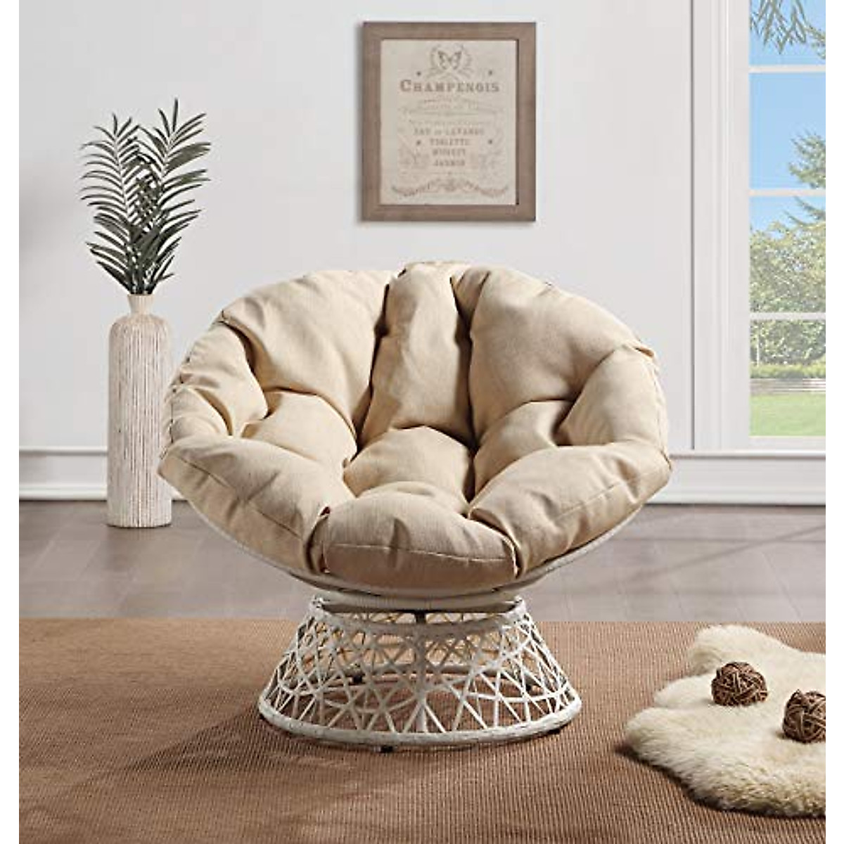 OSP Home Furnishings Wicker Papasan Chair with 360-Degree Swivel, Large, Cream Frame with Cream Cushion