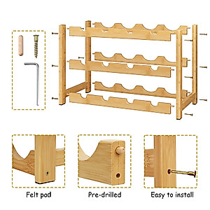 BAMEOS Bamboo Wine Rack, 3 Tier Natural Wine Rack Freestanding Floor Display Storage Shelf countertop Wine Holder for Kitchen, Bar, Pantry, Wine Cellar, Basement,Study，Maroon (16.85 L x 9.25W x 12H)