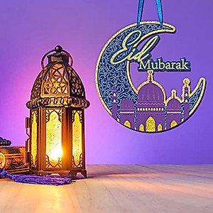 Jetec 2 Pieces Eid Ramadan Mubarak Decorations Eid Mubarak Wood Hanging Signs Eid Mubarak Moon Ornament Wall Door Window Decor Party Supplies