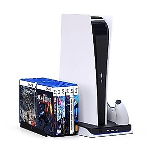 PS5 Controller Charging Station for Playstation 5 Console,PS5 Cooling Station for PS5 Digital & Disc Editions Consoles,PS5 Charging Station Vertical Stand with 12 Game Slots -HONCAM