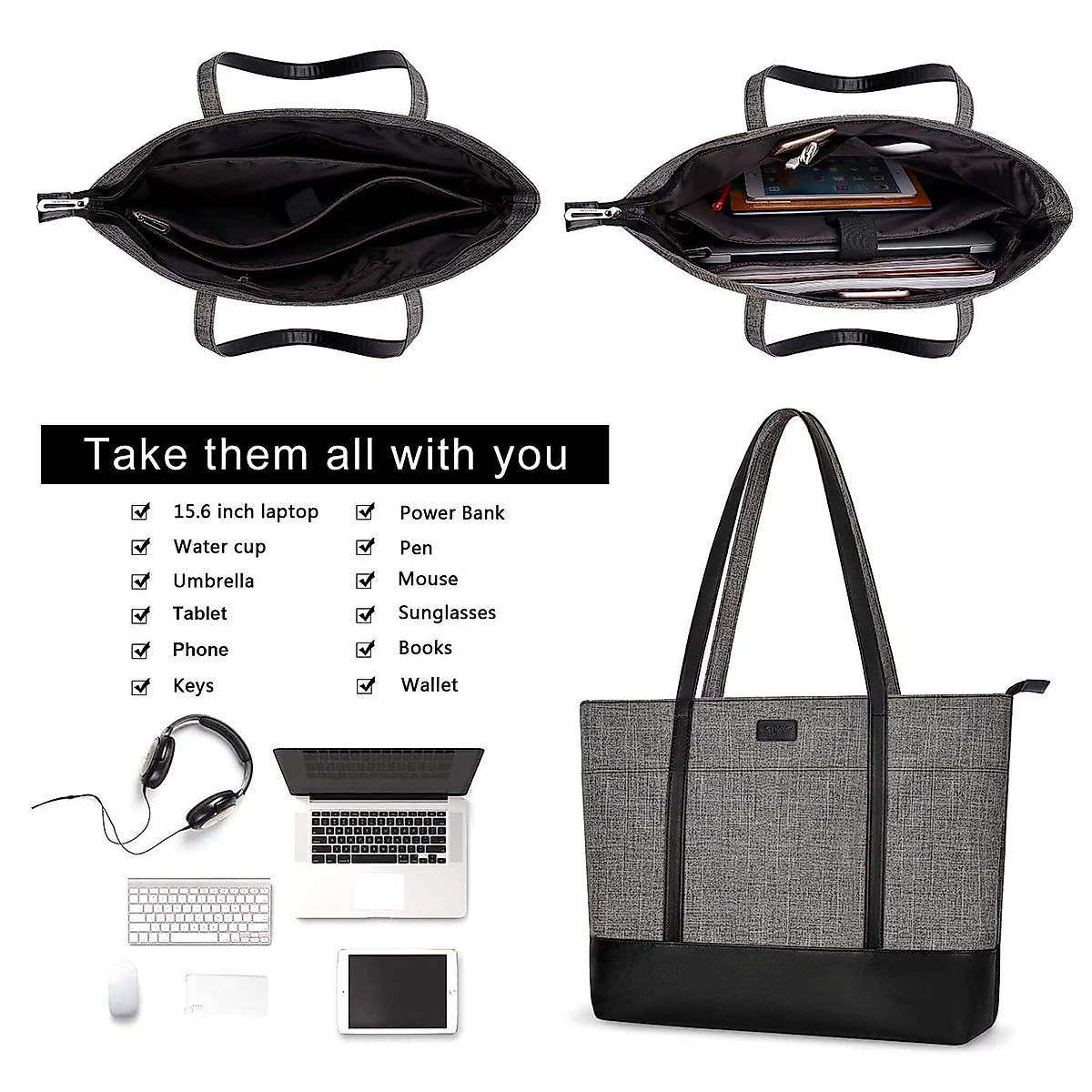 MOSISO Laptop Tote Bag for Women (17-17.3 inch), Polyester PU Leather Lightweight Business Travel School Bag with Front 3 Pockets