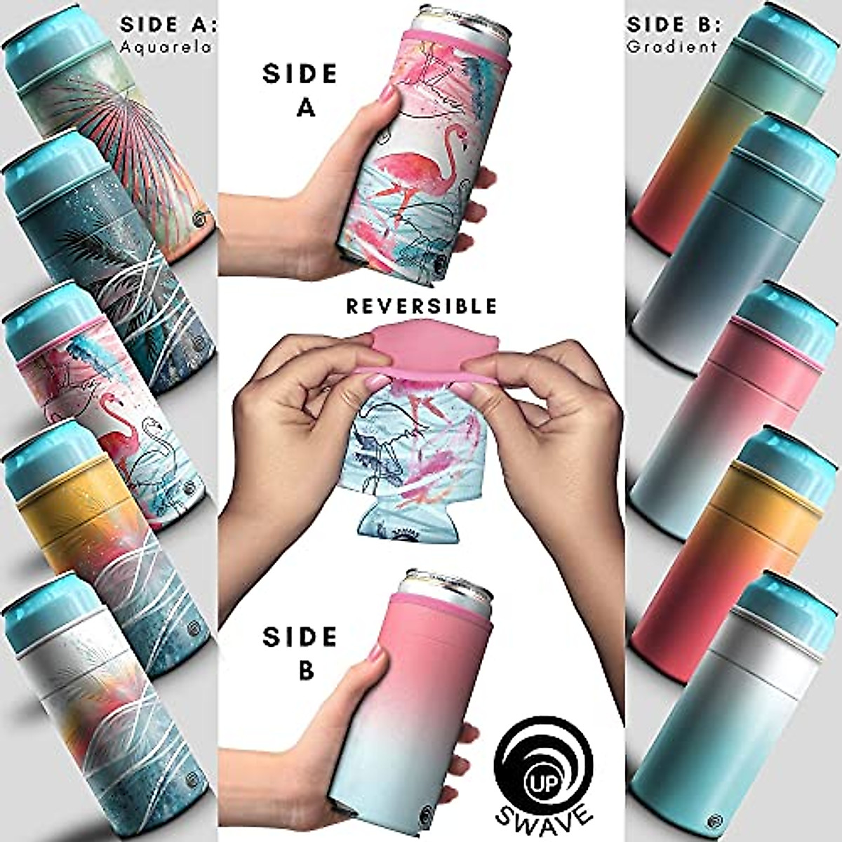 UP SWAVE Slim Can Cooler Sleeves - Premium Reversible Beer Can Sleeves - Slim Can Insulator 5 pack - Adjustable Design Fits Most Bottles & Skinny Cans from 8 to 12oz - 10 Reversible Designs