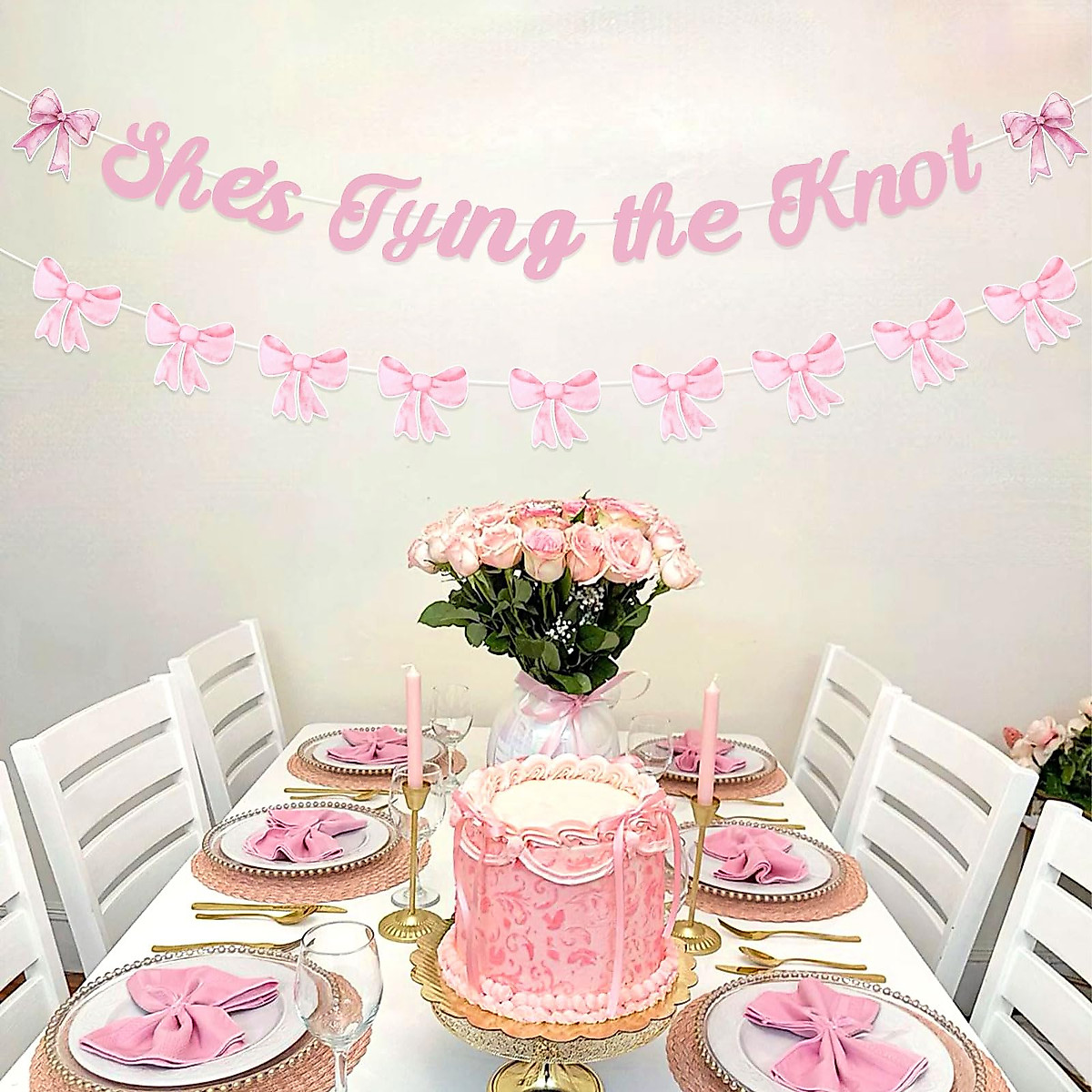 Cheereveal Bow Themed Bridal Shower Decorations Set, Pink She’s Tying the Knot Banner Sign and Bow Garland for Coquette Princess Bachelorette Wedding Engagement Party Decor Supplies