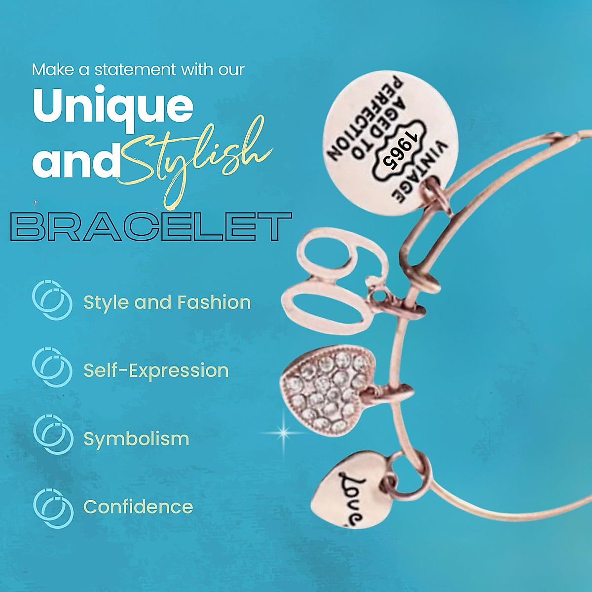 Infinity Collection 60th Birthday Gifts for Women, Rose Gold 60th Birthday 1965 Aged to Perfection Charm Bracelet, 60th Birthday Gift Ideas