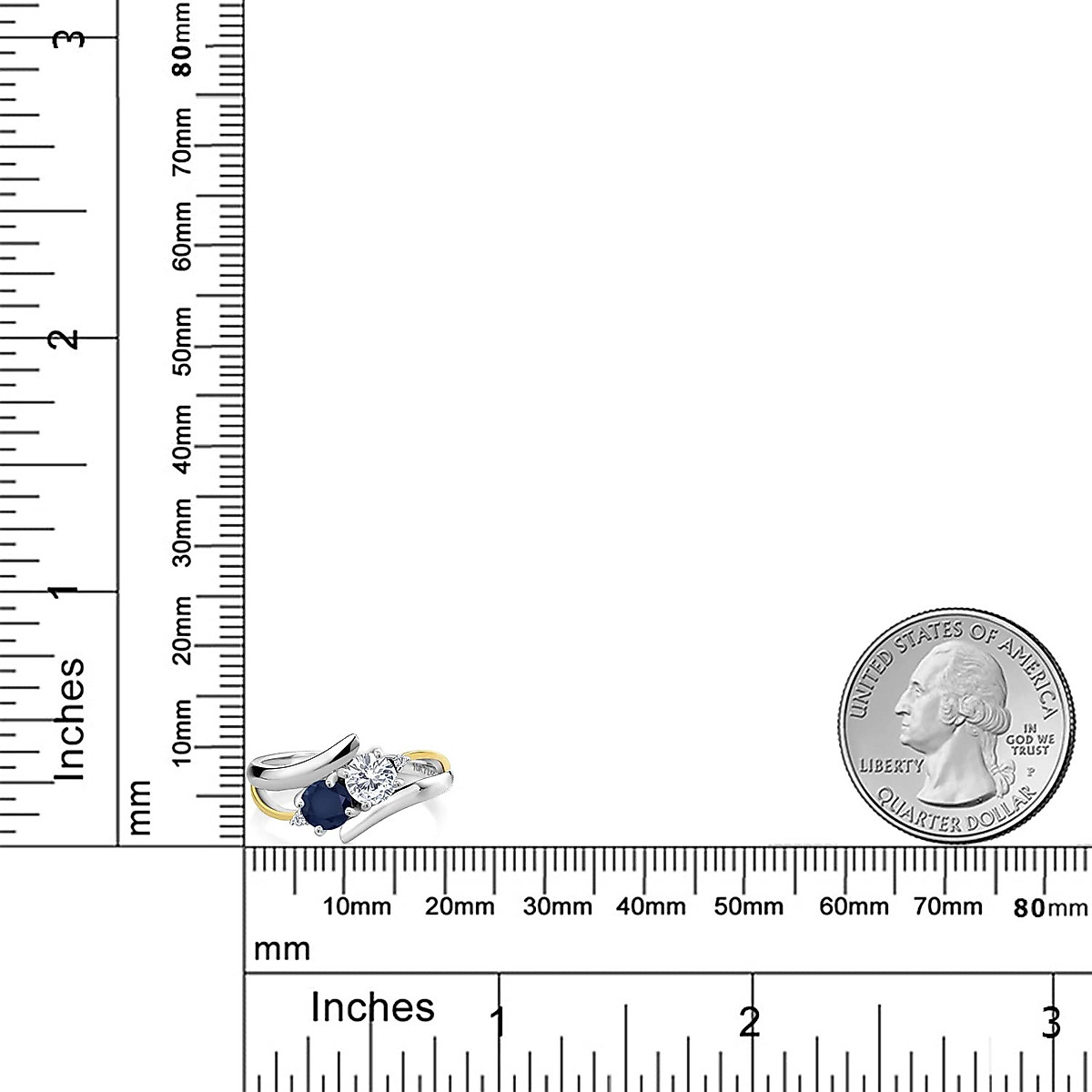 Gem Stone King 925 Silver and 10K Yellow Gold White Moissanite and Blue Sapphire and White Moissanite 2-Stone Crossover Ring For Women (1.12 Cttw, Size 7)