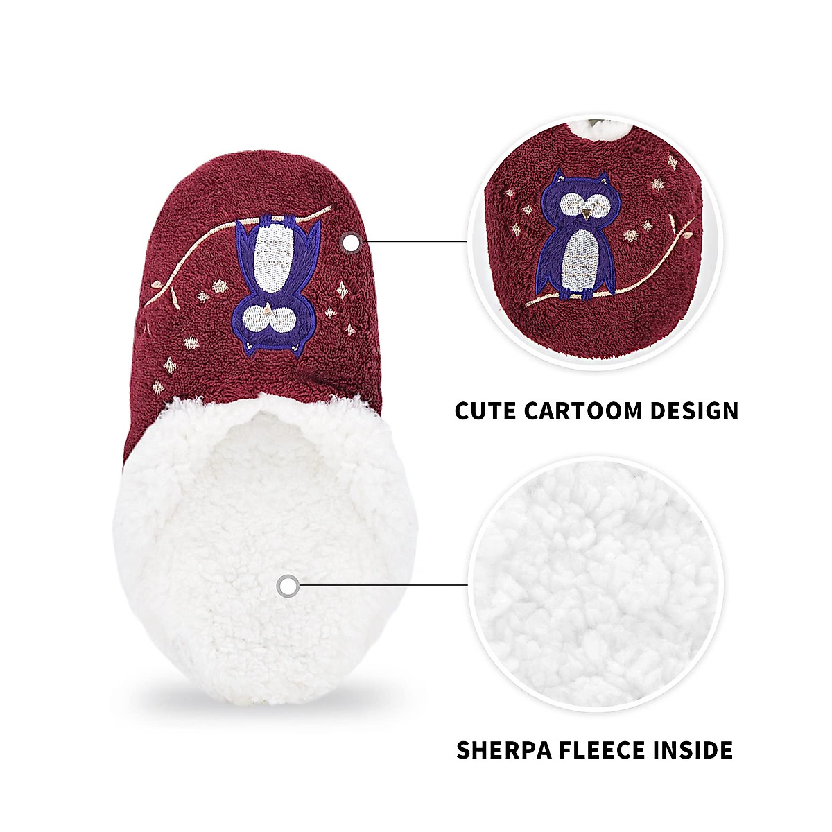 DICUIRD Womens Cozy&Warm Soft Sole Slipper Socks with Grippers-Fuzzy Fleece Lined House Slippers with Non-skid Bottoms (Wine Owl, 8-10)