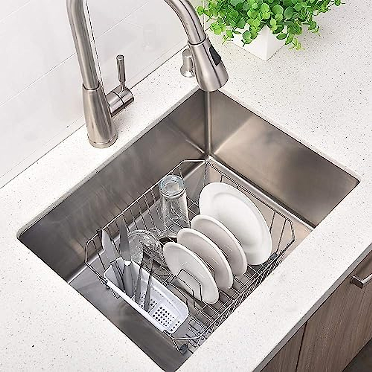 IKEBANA Modern Simplicity Dish Drying Rack,Stainless Steel Dish Racks Rustproof for Kitchen Counter,Kitchen in-Sink Chrome Finish Wire Dish Rack,Small Dish Drainer Rack with Removable Cutlery Holder