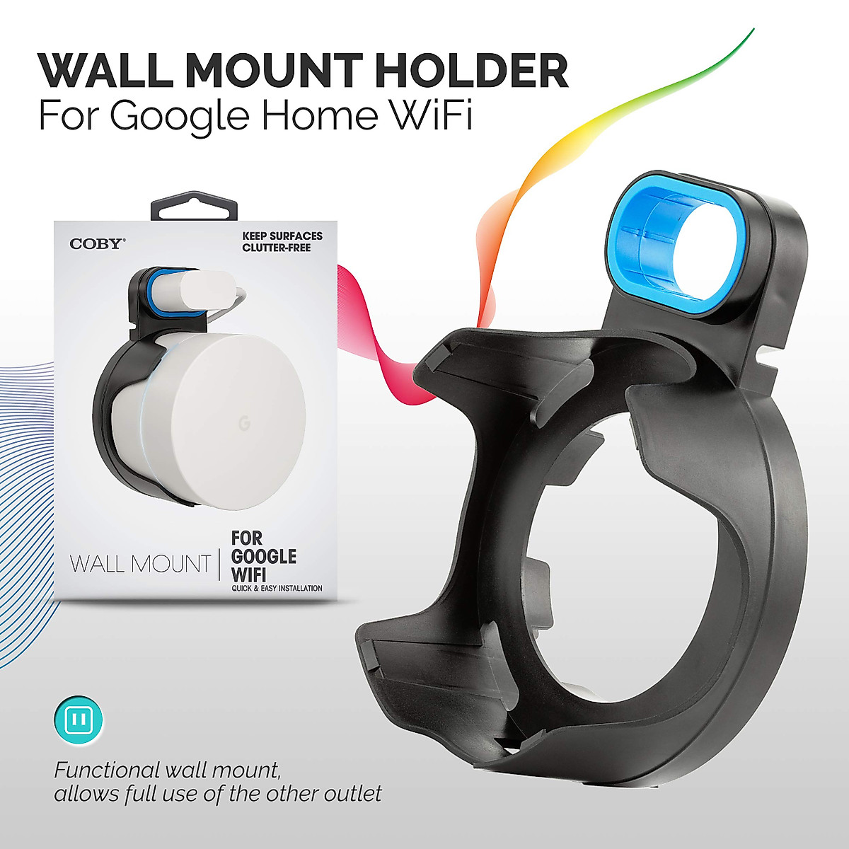 Coby WiFi Wall Mount Holder Compatible for Google Home, Black - Secures Routers to Wall Outlets, Hides Cable for Wall Cable Management - Attach, Power & Charge - Easy Install, Non-Slip Grip