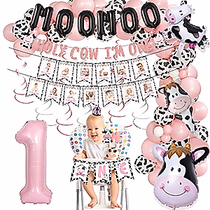 143 PCs Holy Cow I'M One Birthday Decorations for Girl, Fiesec Cow First Birthday Party Supplies Cow Print Balloon Garland Monthly Photo Highchair Glitter Banner Cake Topper Crown Pink White Black