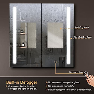 MAXTOR 30x30 Inch Recessed or Surface Mount Medicine Cabinets for Bathroom with Mirror and Lights Dimmable, Anti-Fog, 3 Adjustable Tempered Glass Shelves, Electrical Outlet&USB, 2 Mirrored Doors