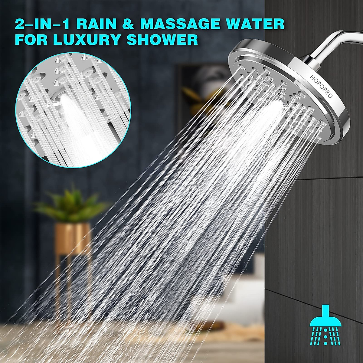HOPOPRO High Flow Shower Head - High Pressure Rain - 7 Inch Rainfall Spray Shower Head - Tool-less 1-Min Installation - Adjustable Bathroom Shower Head Replacement with Luxury Modern Chrome Look