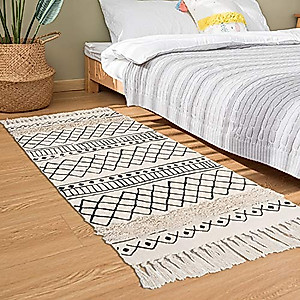 Topotdor Tufted Cotton Area Rug 2 Pieces,Hand Woven Print Boho Tassels Floor Rugs Perfect Bedroom Living Room Bathroom Hallway Home Decor(2' x 3'+ 2' x 4', White Skyline)