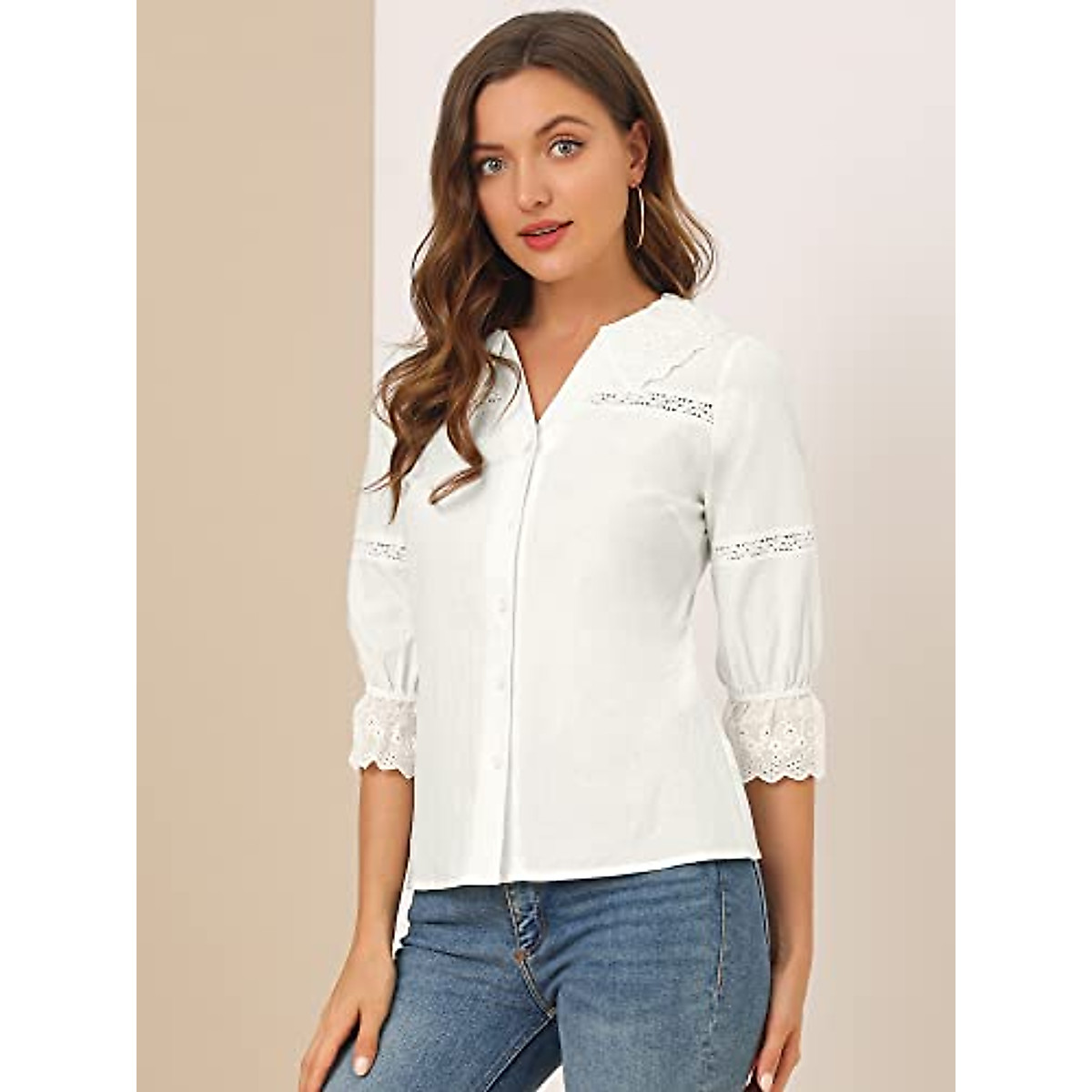 Allegra K Women's Cotton Lace Panel 3/4 Bubble Sleeve Ruffle Neck Blouse X-Small White