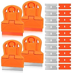 WEGAZ-4 Pcs Mini Plastic Razor Blade Scraper Tool，Plastic Scraper，Cleaning Scraper Tool，Glass Scraper，Window Scraper，Stove Scraper Tool，Equipped with 20 Blades.