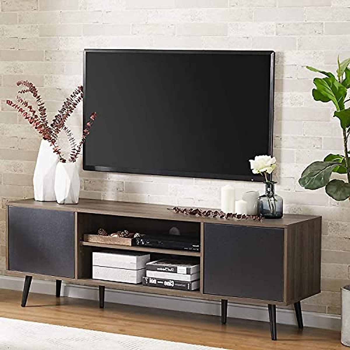 WAMPAT Mid Century Modern TV Stand for TVs up to 65 inches, Wood TV Console Media Cabinet with Storage, Entertainment Center for Living Room Bedroom, Black, 60 inch
