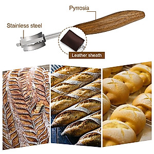 YSYONM Bread Lame for Dough Scoring Knife Stainless Steel Sourdough Scoring Tool with 5 Blades and a Dark Brown Leather Cover